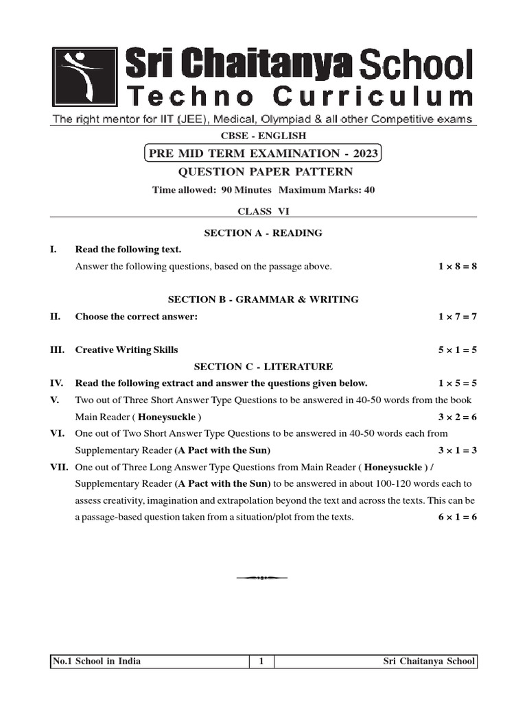 CBSE English Class 6 Pre - Mid Term Examination Question Paper Pattern ...