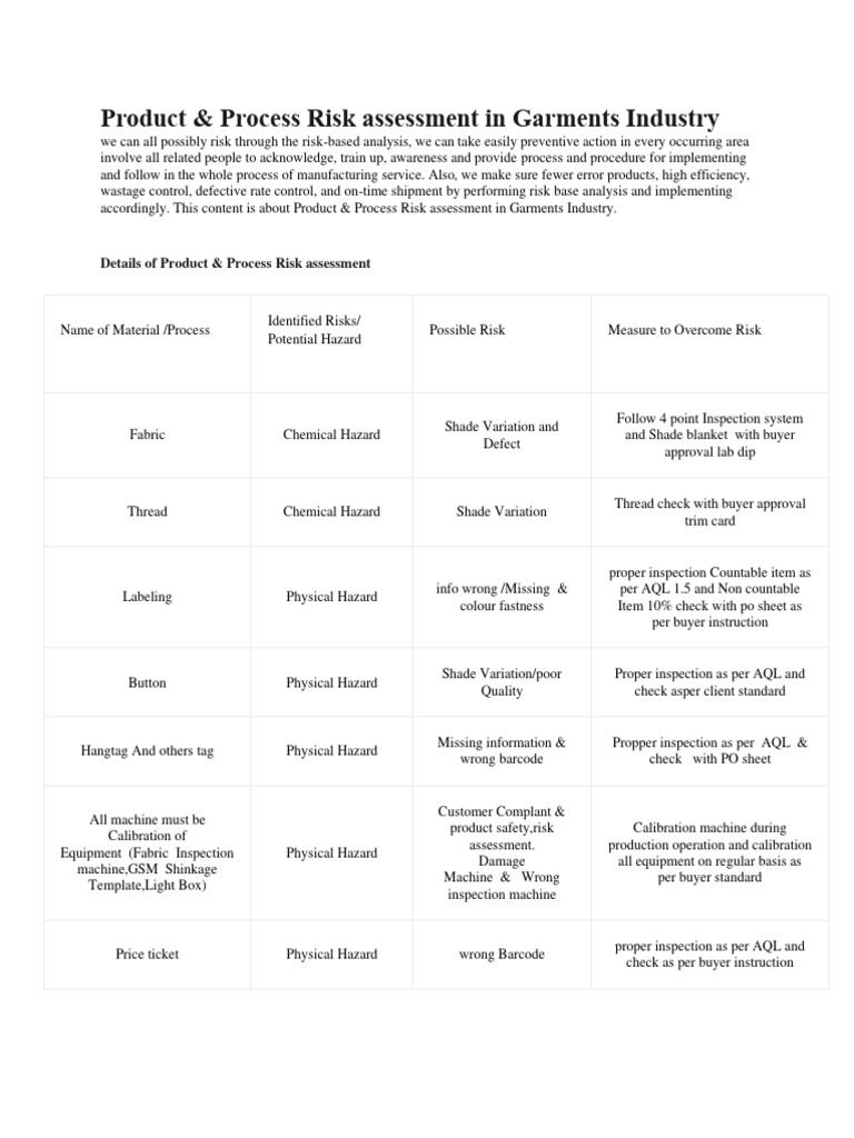 Product & Process Risk Assessment in Garments Industry | PDF | Hazards ...