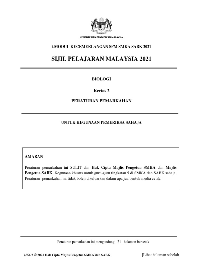 2021 SMKA - SABK Biology K2 Set 2 Jawapan | PDF