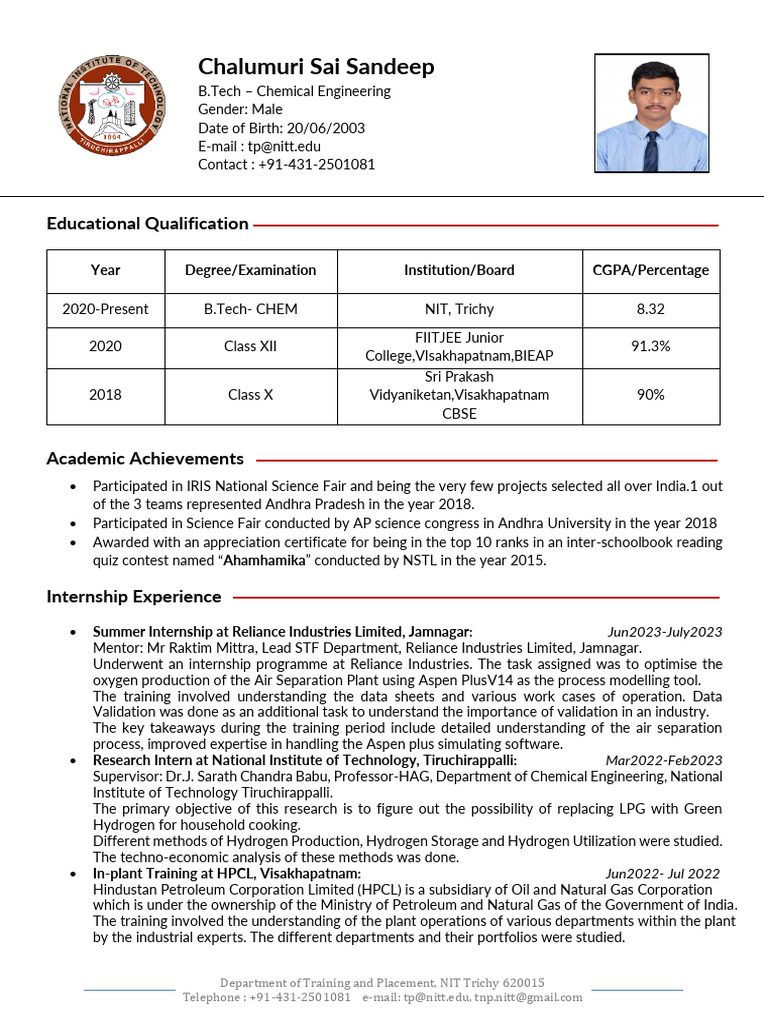 Sai Sandeep's Chemical Engineering Profile | PDF | Mentorship