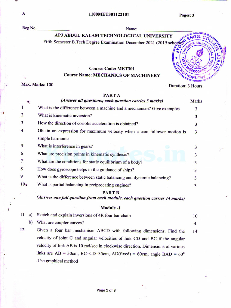 MET301 Mechanics of Machinery Exam Paper | PDF | Kinematics | Machines