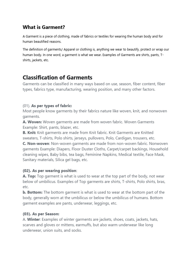 Classification of Garments: What Is Garment? | PDF | Textiles | Clothing