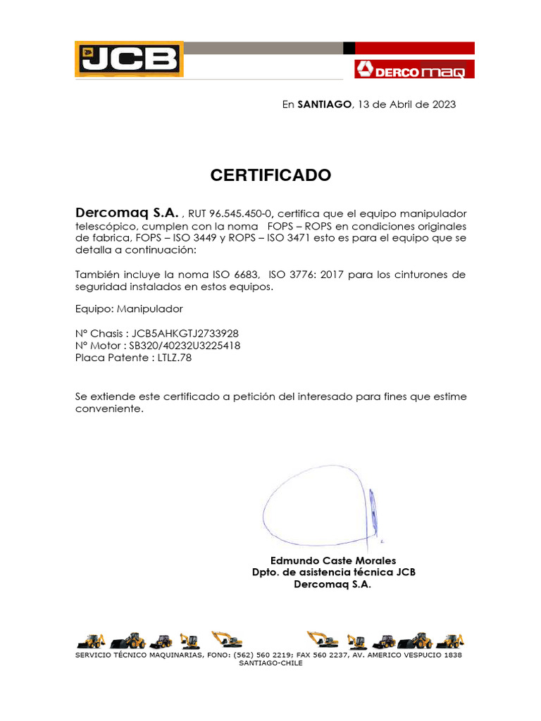 Certificado Fops - Rops y Cinturón Seguridad Manipulador | PDF