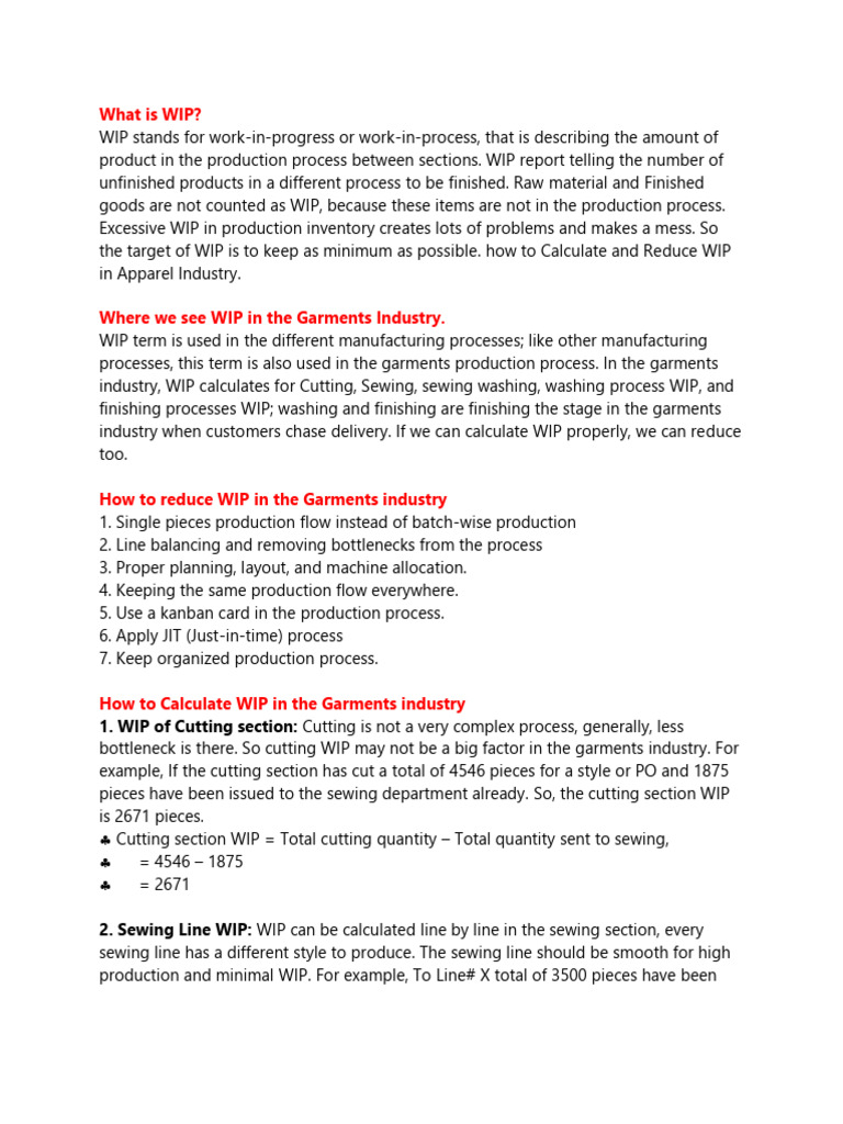 What Is WIP?: 1. WIP of Cutting Section: Cutting Is Not A Very Complex Process, Generally, Less ...