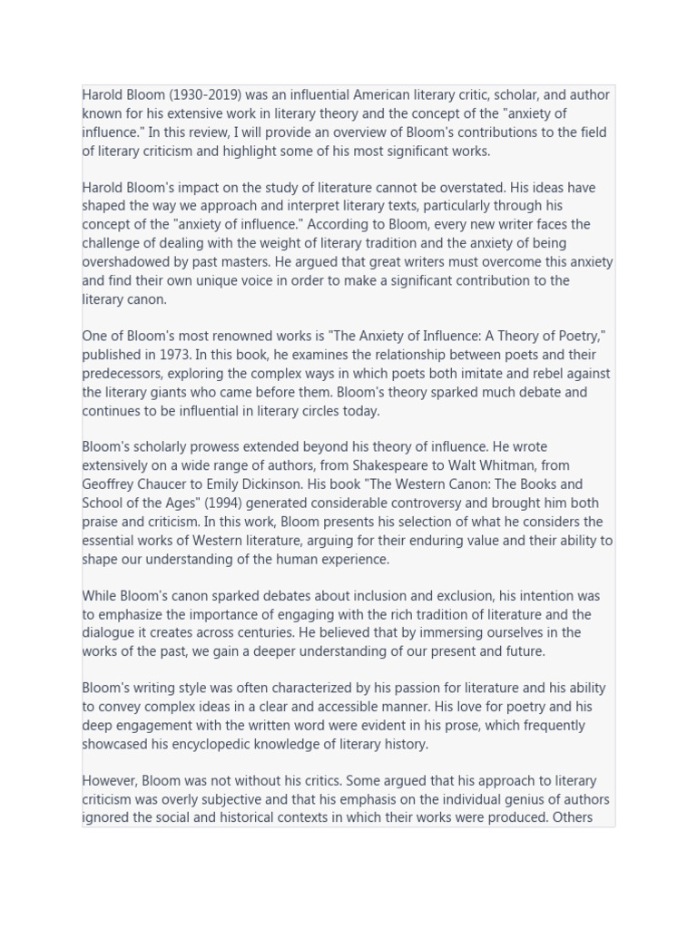 Harold Bloom: Impact on Literary Criticism | PDF | Literary Criticism