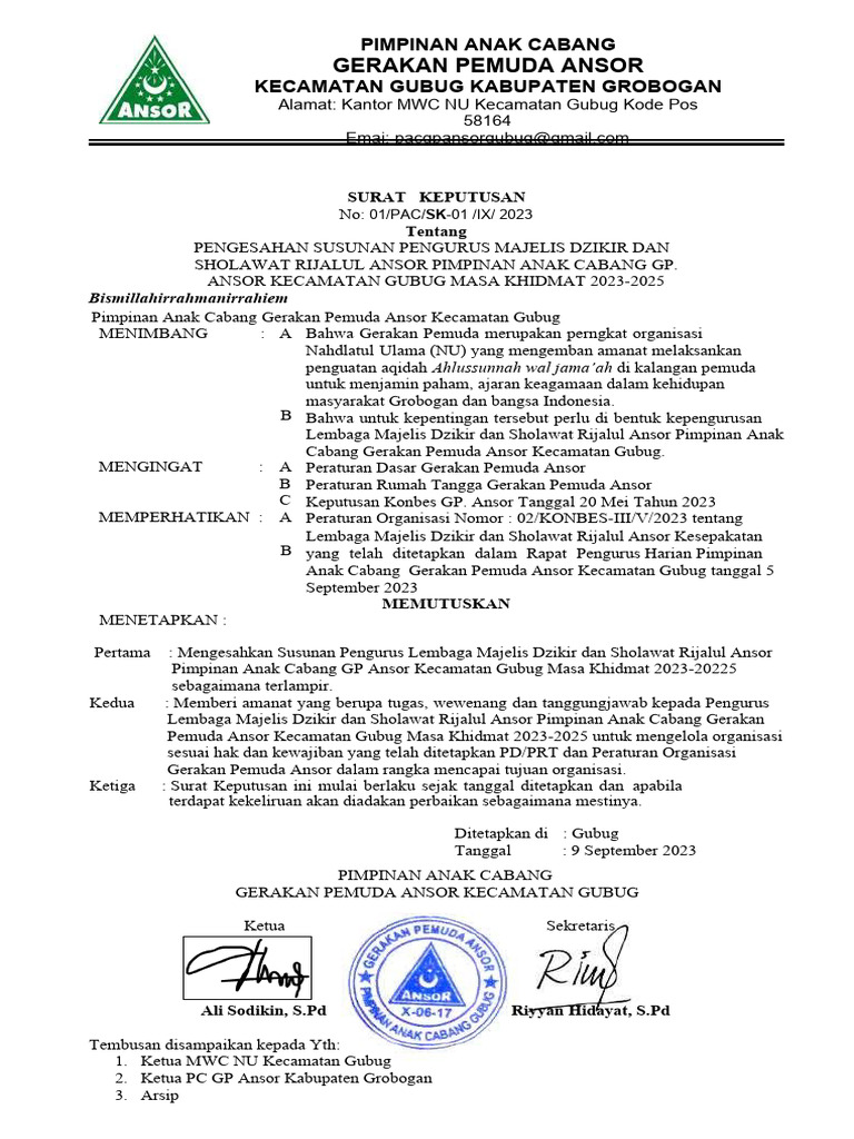 SK Pengurus Rijalul Ansor Gubug | PDF