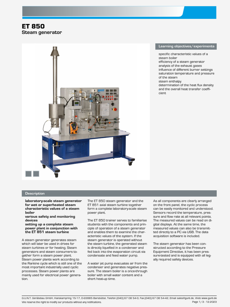 ET 850 Steam Generator Gunt 288 PDF - 1 - en GB | PDF | Steam | Boiler