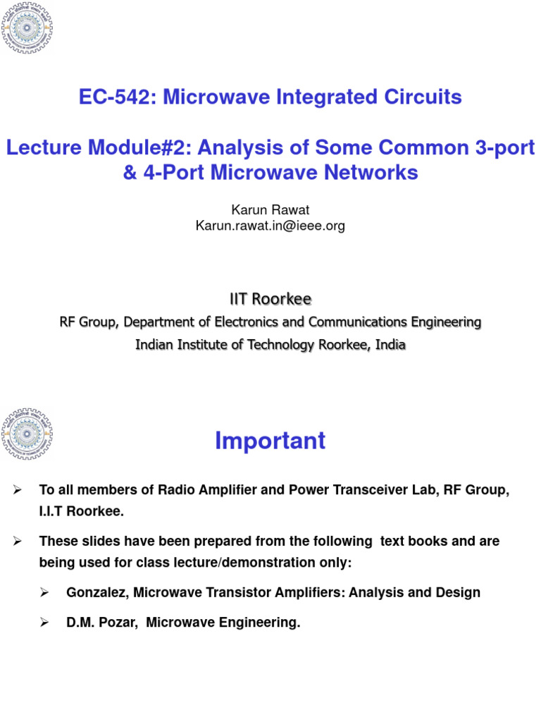 EC-542: Microwave Integrated Circuits Lecture Module#2: Analysis of Some Common 3-Port & 4-Port ...