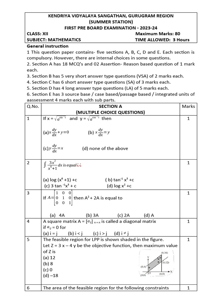 Xii Maths Pre-Board 2023-24 (Kvs Gurugram) | PDF | Integral | Equations
