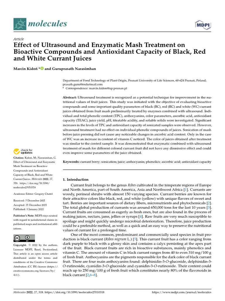 Effect of Ultrasound and Enzymatic Mash Treatment On Bioactive ...