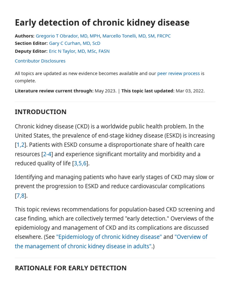 Early Detection of Chronic Kidney Disease: Authors: Section Editor ...