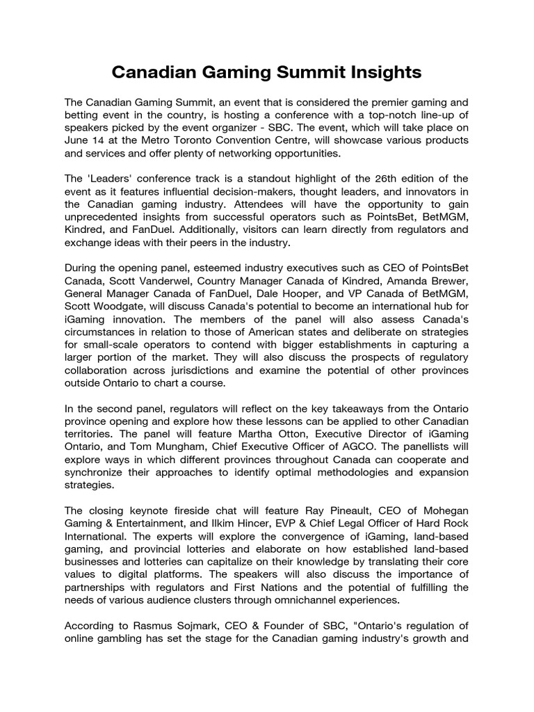 Canadian Gaming Summit Insights | PDF