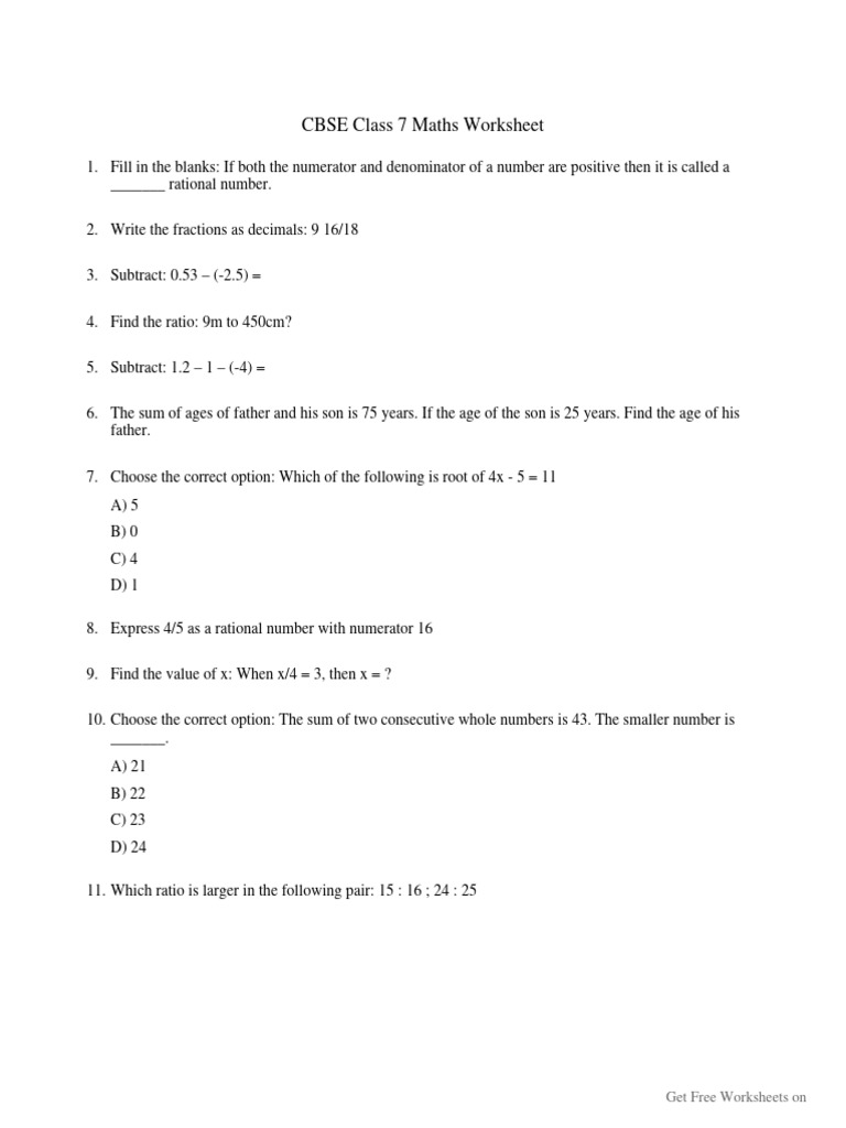 CBSE Class 7 Maths Worksheet | PDF | Teaching Methods & Materials