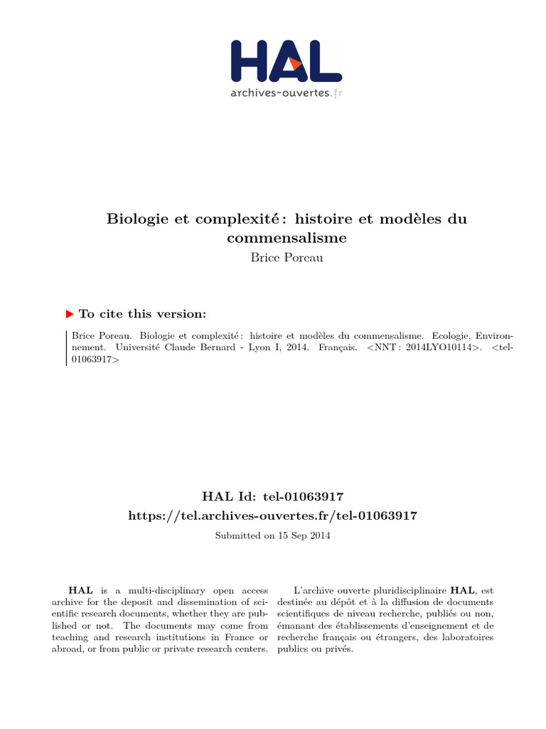 Biologie Et Complexité Histoire Et Modèles Du Commensalisme-thèse-Poreau - Brice | PDF