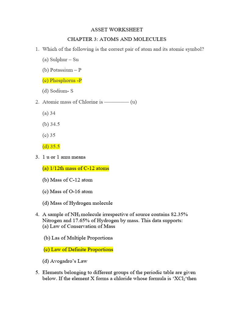 ASSET Questions Atoms and Molecules | PDF