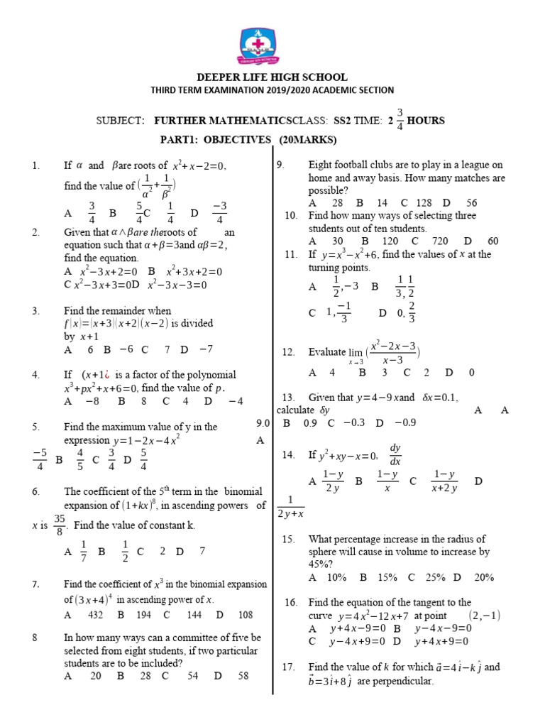 SS 2 Further Maths 3RD Term Exam 2020 | PDF