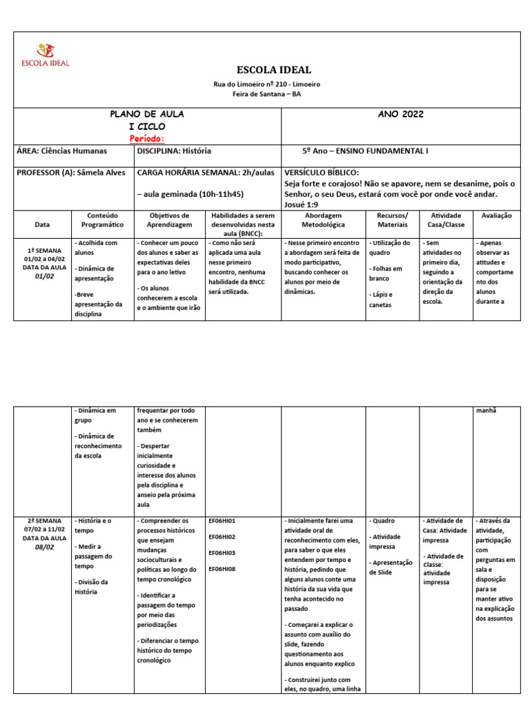 Plano de Aula QUINTO ANO - Semana 1 e 2 | PDF