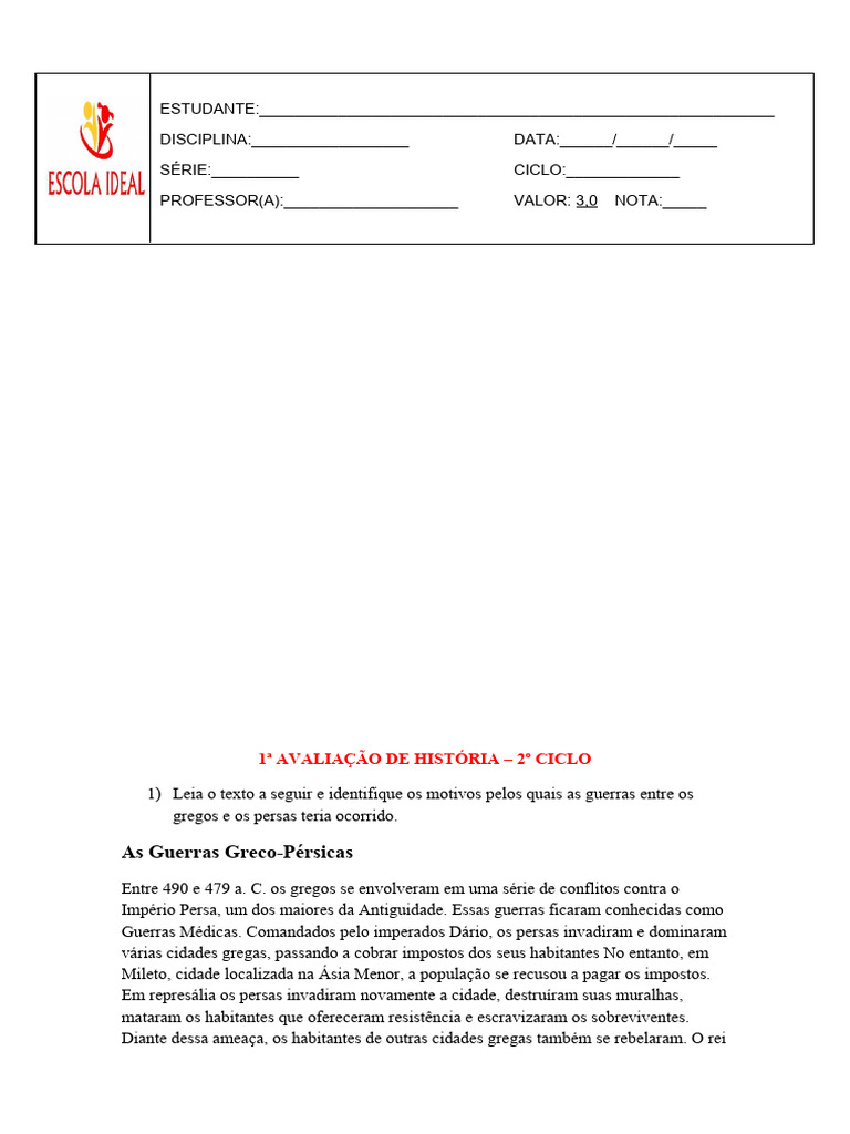 Prova de História 6 Ano - 2 Ciclo | PDF