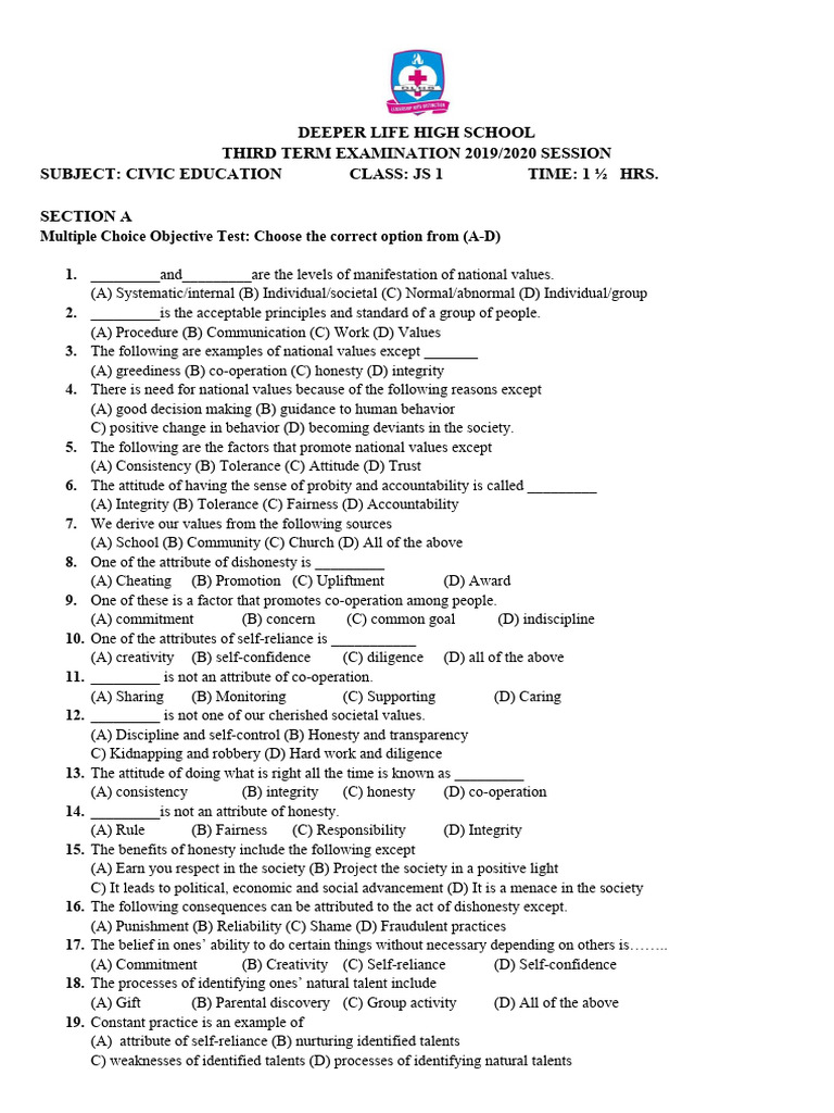 JS 1 Civic Edu 3RD Term 2020 Exams | PDF