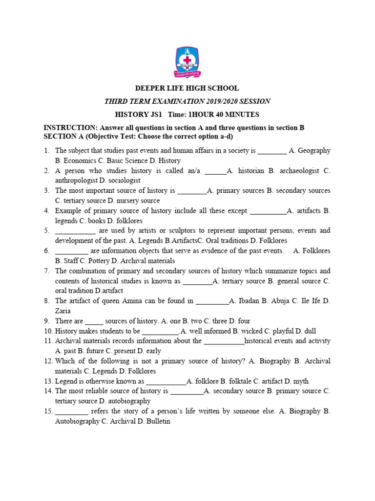 JS 1 History 3RD Term Exam 2020 | PDF | Nigeria