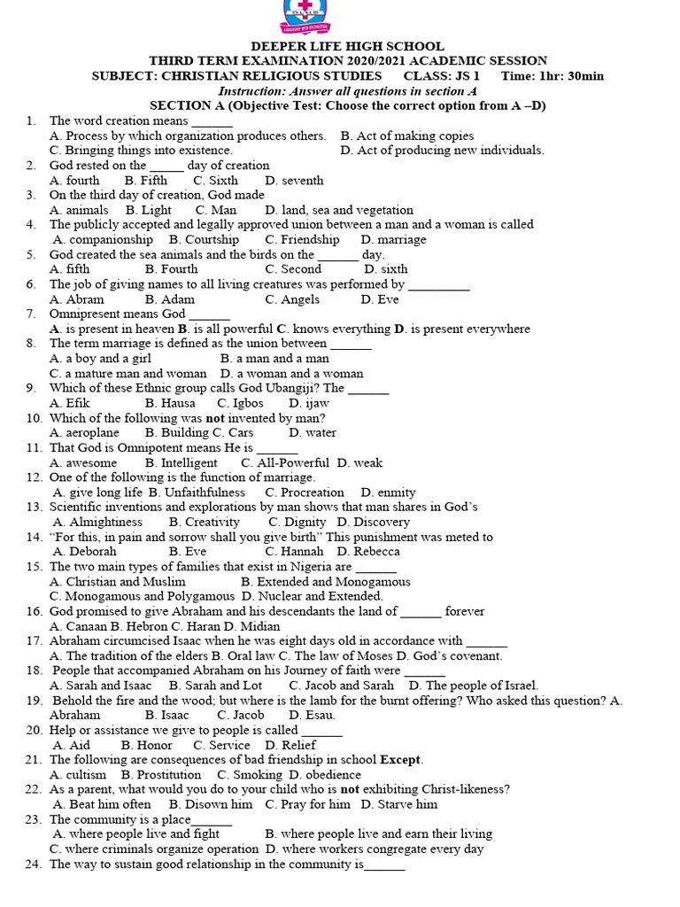 JS 1 CRS 3RD Term Exam 2020 | PDF | Isaac | Abraham