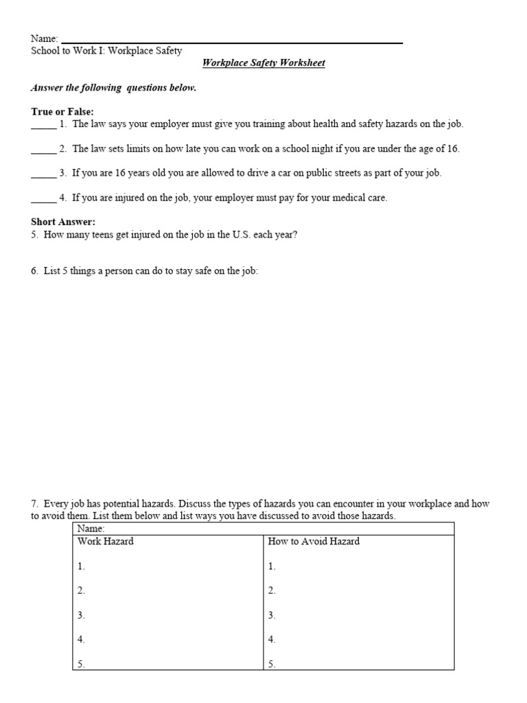 OSHA Workplace Safety Worksheet | PDF