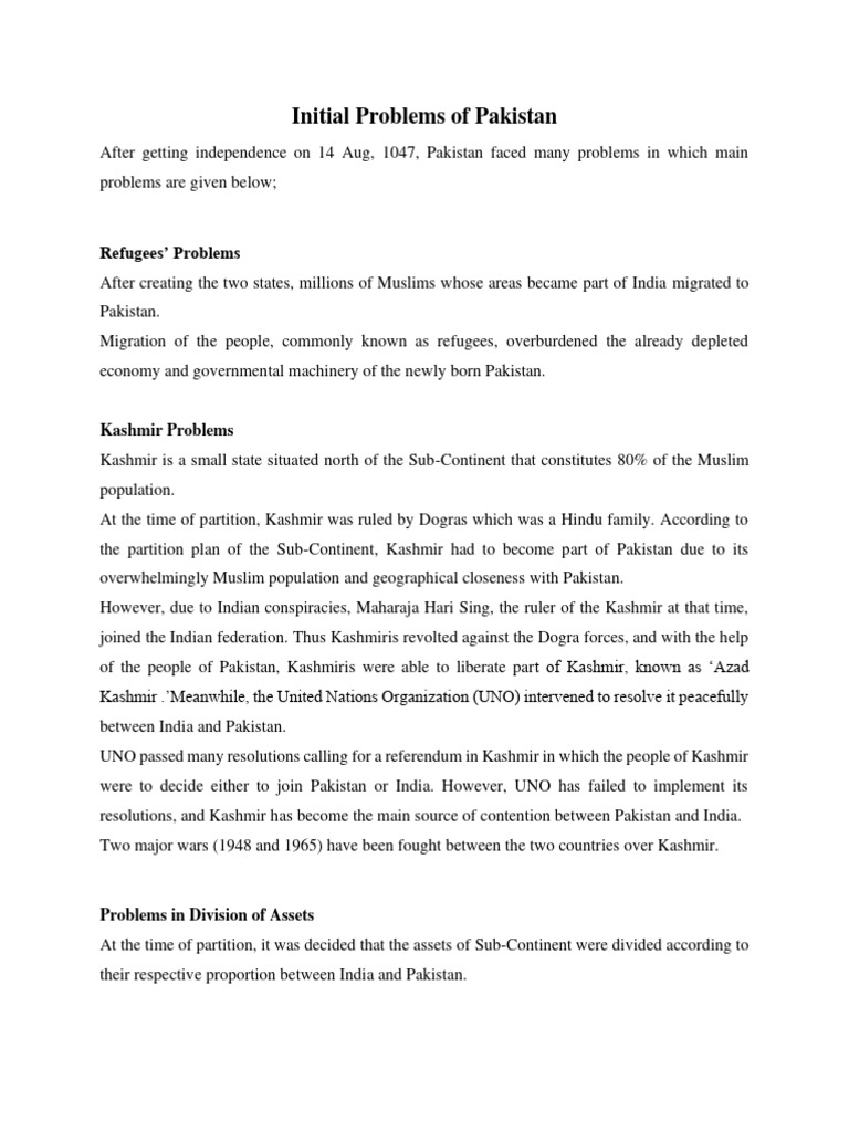 Initial Problems of Pakistan | PDF | Pakistan | Partition Of India