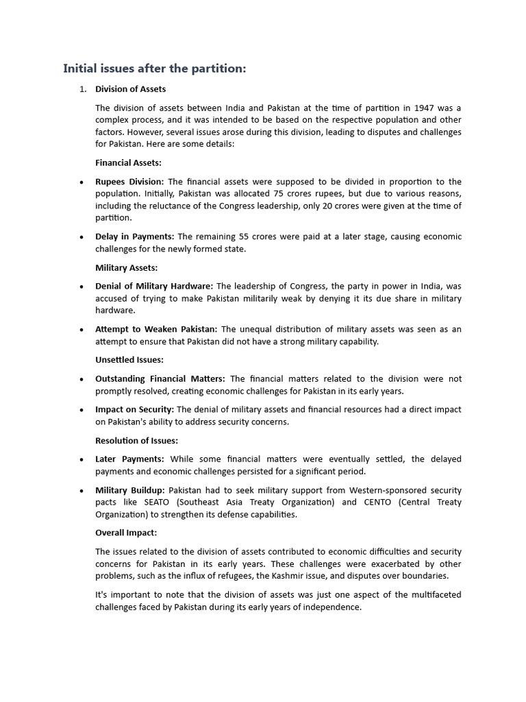 Initial Issues After The Partition | PDF