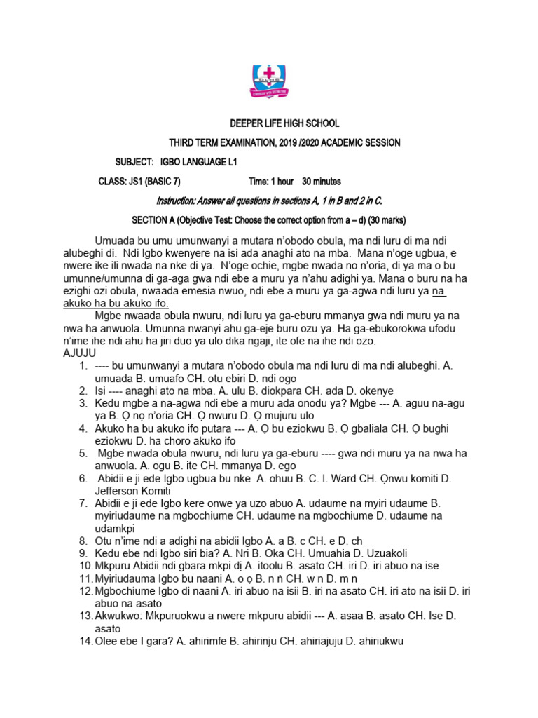 JS 1 Igbo L1 3RD Term Exam 2019-2020 | PDF