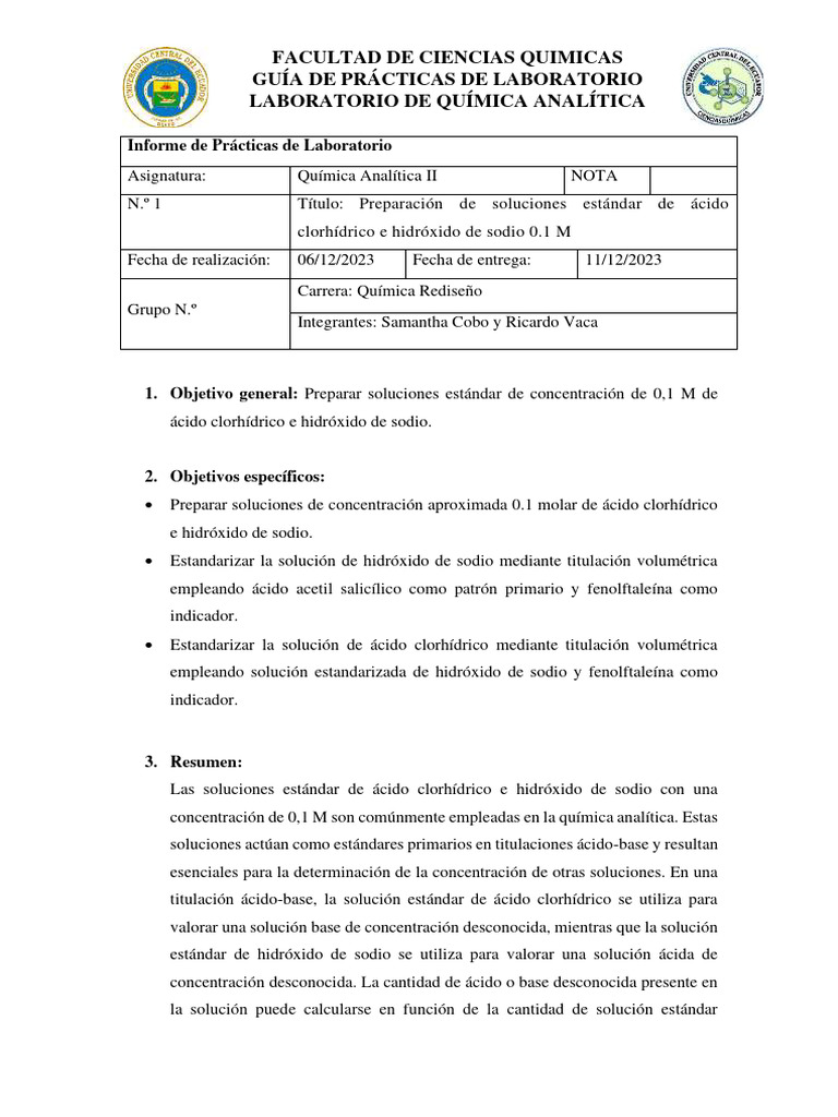 Práctica Número 1 - Estandarización HCL y NaOH | PDF