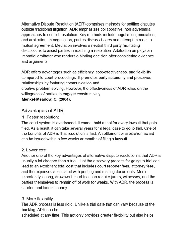 Advantages of ADR: Menkel-Meadow, C. (2004) | PDF | Alternative Dispute Resolution | Mediation