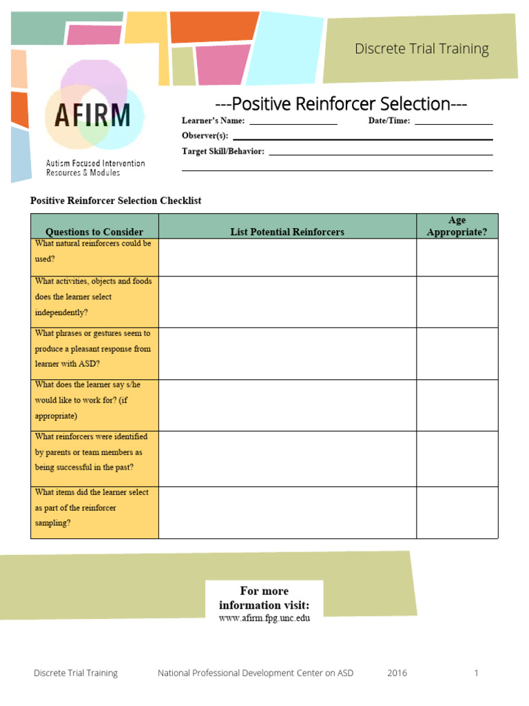 Positive Reinforcer Selection Checklist | PDF
