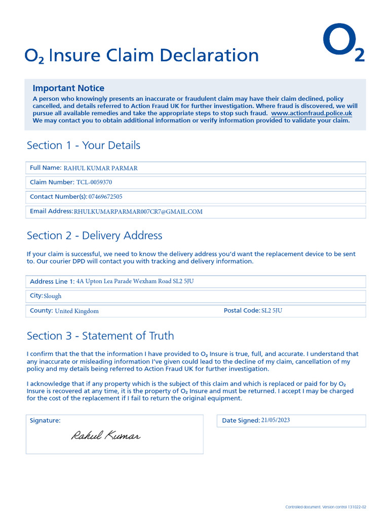 O2 Insure Claim Declaration v3 (2363) | PDF