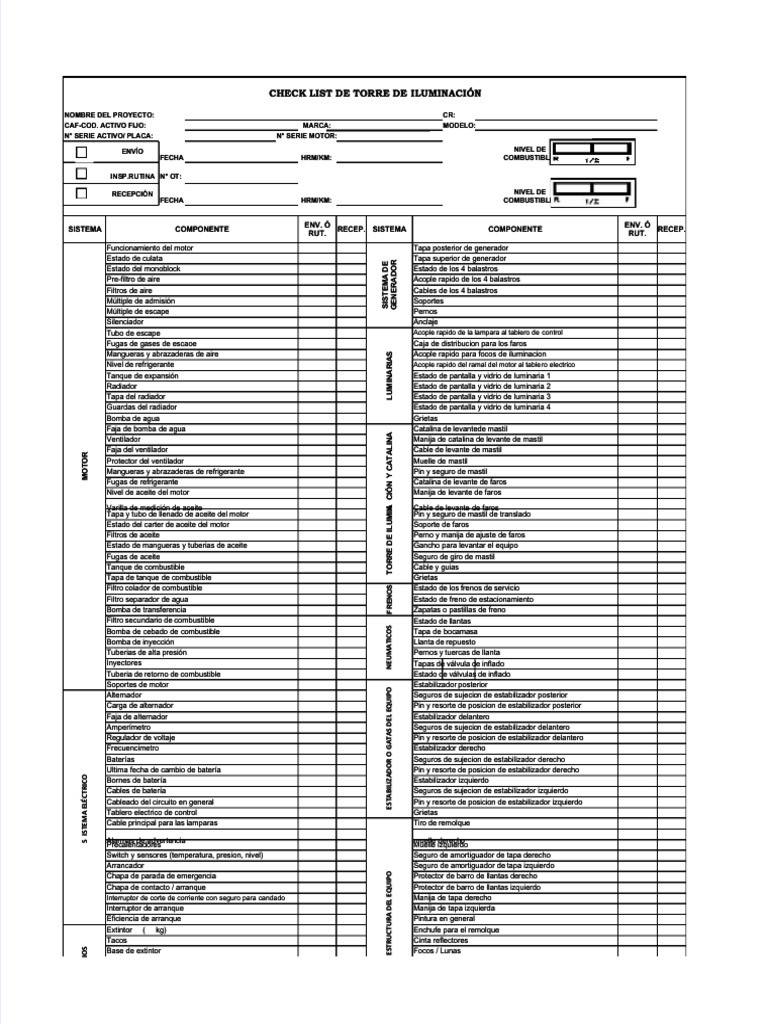 Check List Torre de Iluminaciòn | PDF | Inyección de combustible | Radiador