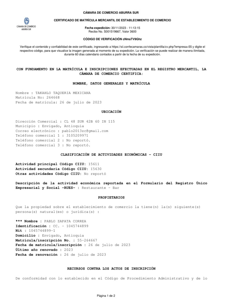 Certificado de Matrícula Mercantil | PDF