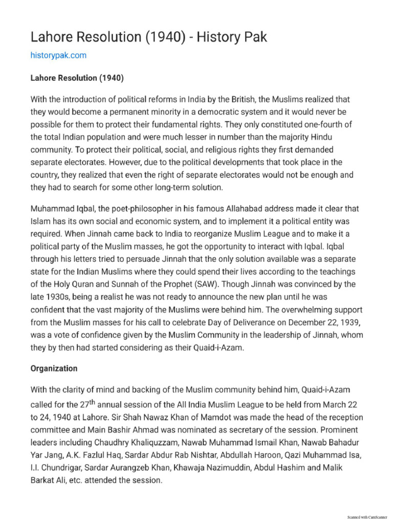Lahore Resolution (1940) - History Pak | PDF