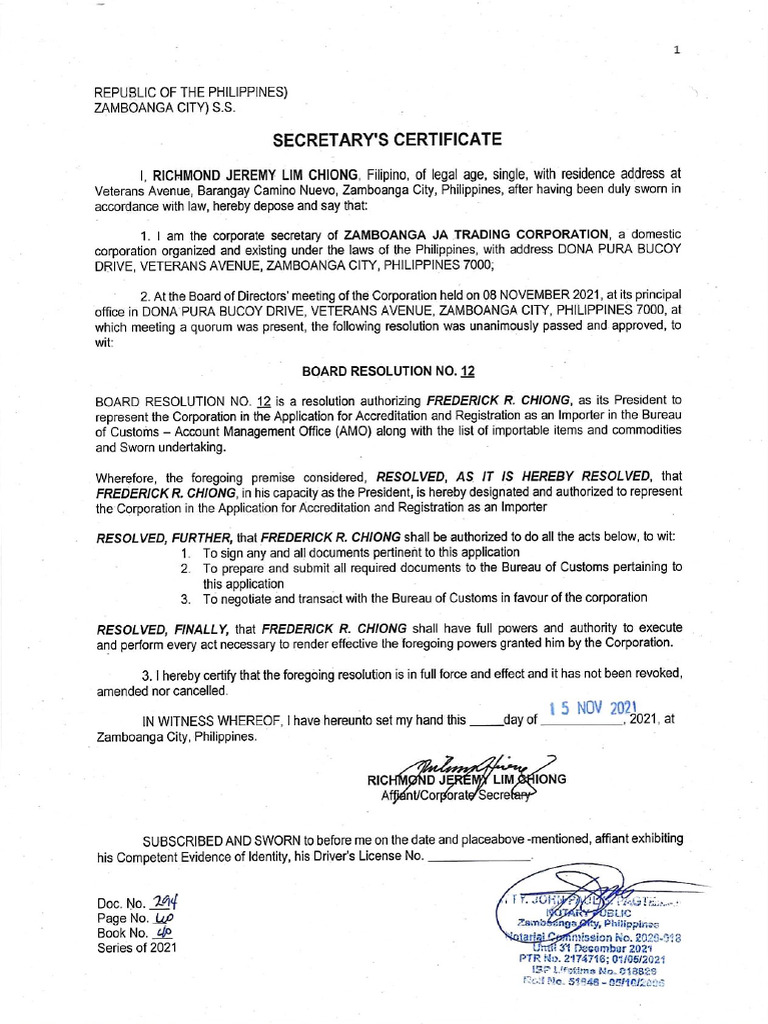 Corporate Secretary Certificate Corp | PDF