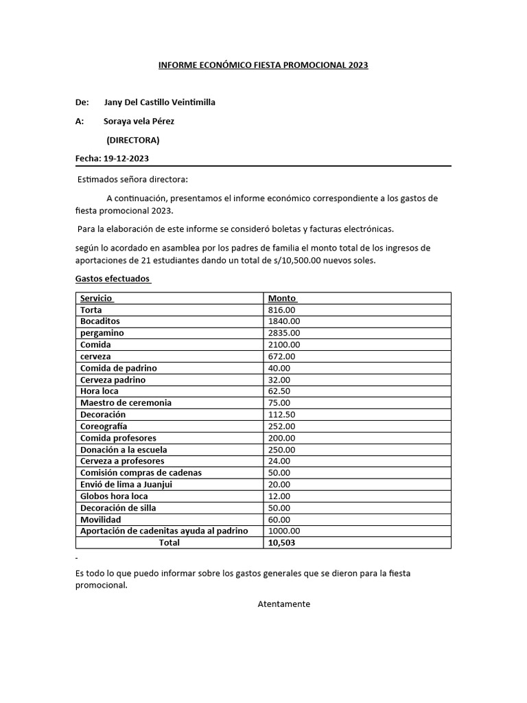INFORME ECONÓMICO FIESTA PROMOCIONAL 2023 | PDF