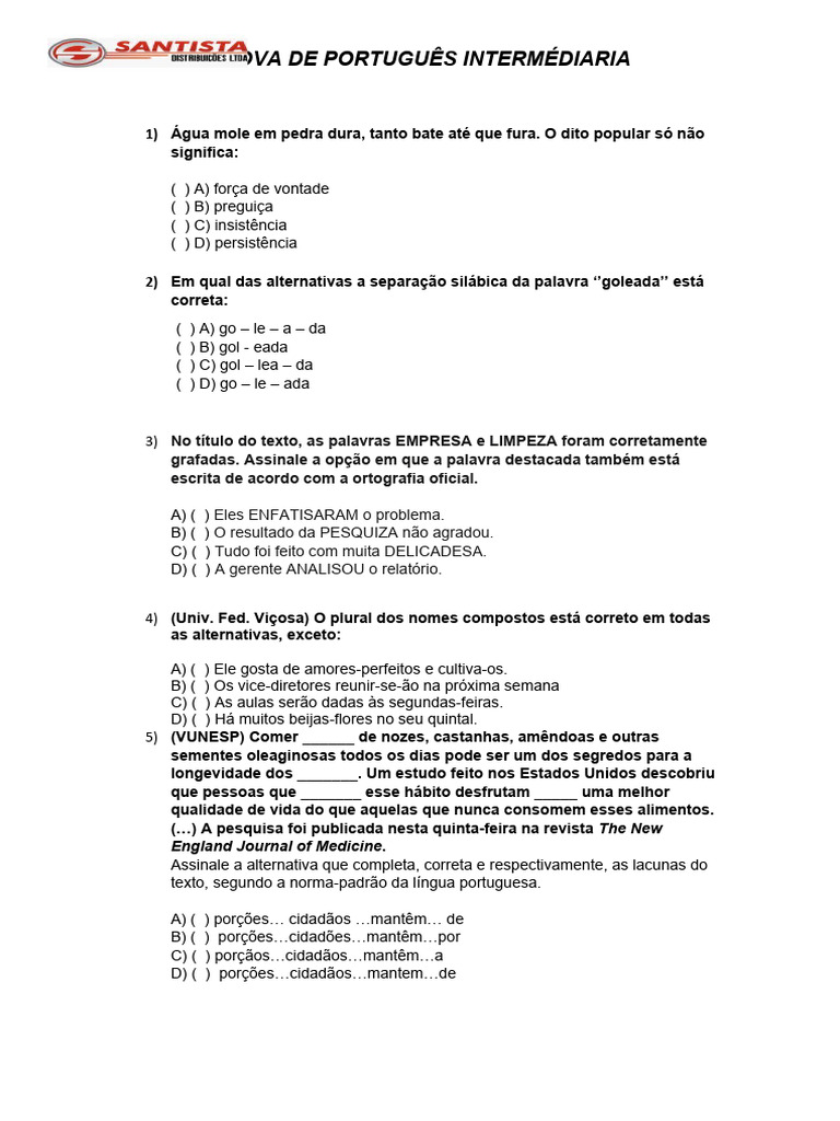 Prova - Portugues Intermediaria | PDF