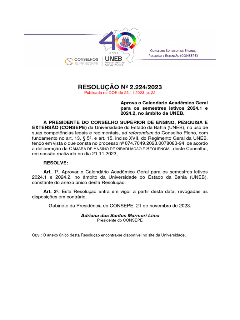 2224 - consepe - Res. Calendário Acadêmico 2024 | PDF | Educação à ...