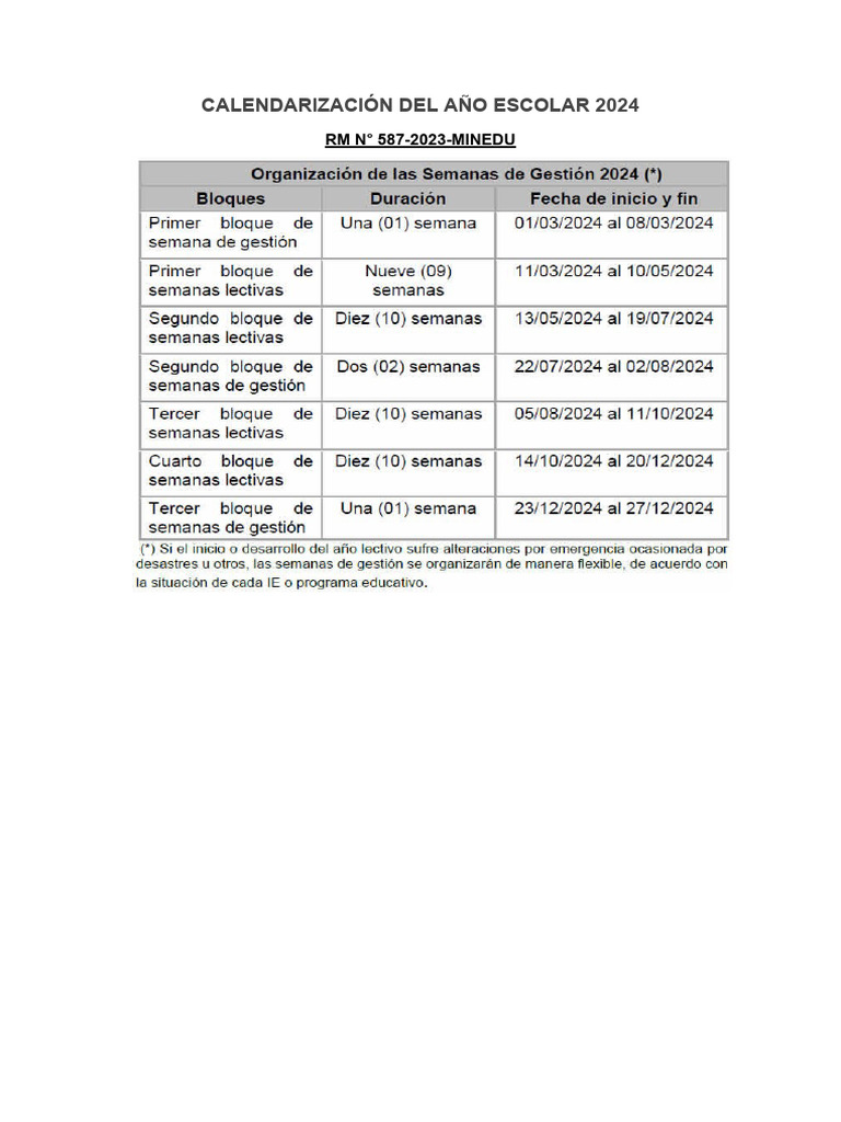 Calendarización Del Año Escolar 2024 | PDF