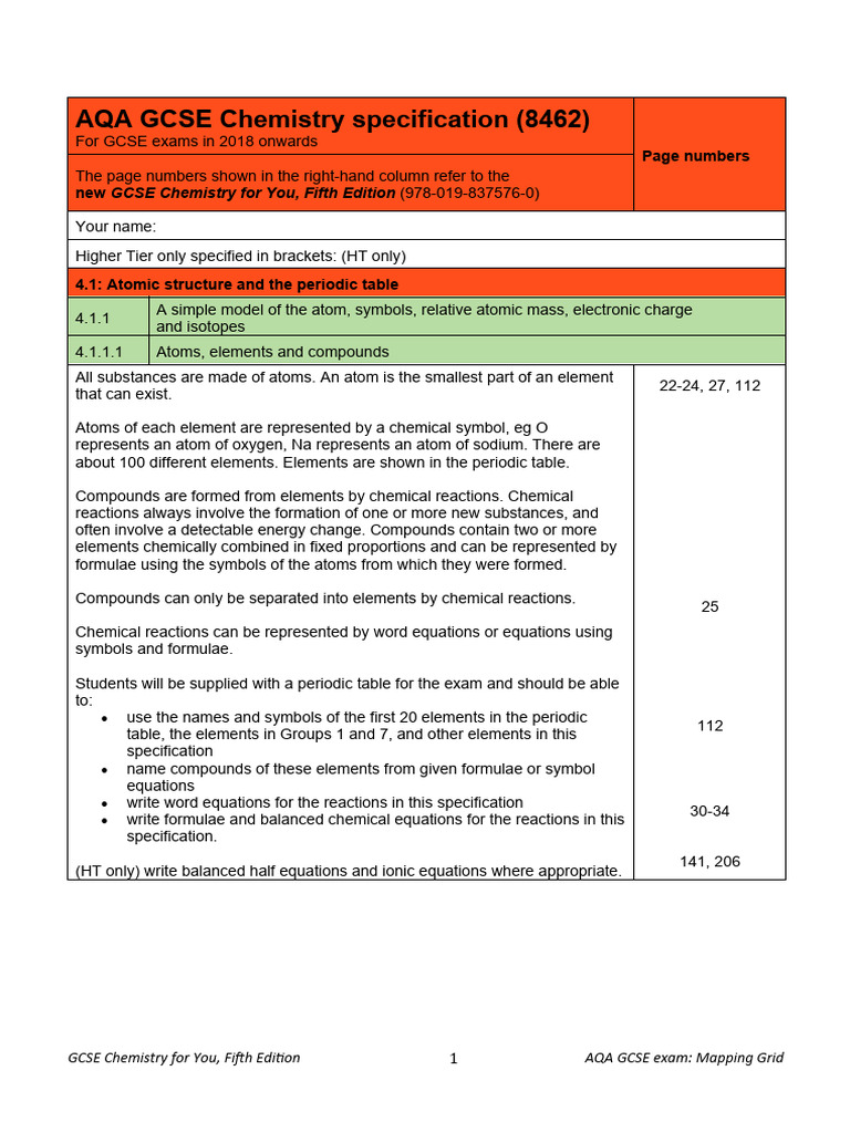 AQA GCSE Chemistry Specification Overview | PDF | Chemical Bond | Mole ...