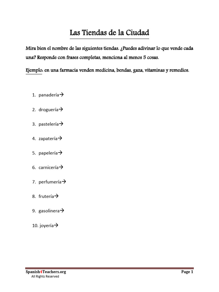 Spanish Vocab Worksheet Shop Tiendas de La Ciudad | PDF