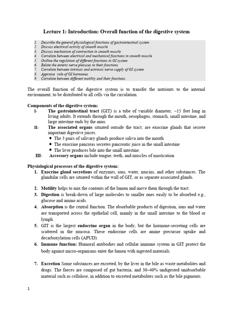 Lecture 1: Introduction: Overall Function of The Digestive System | PDF ...