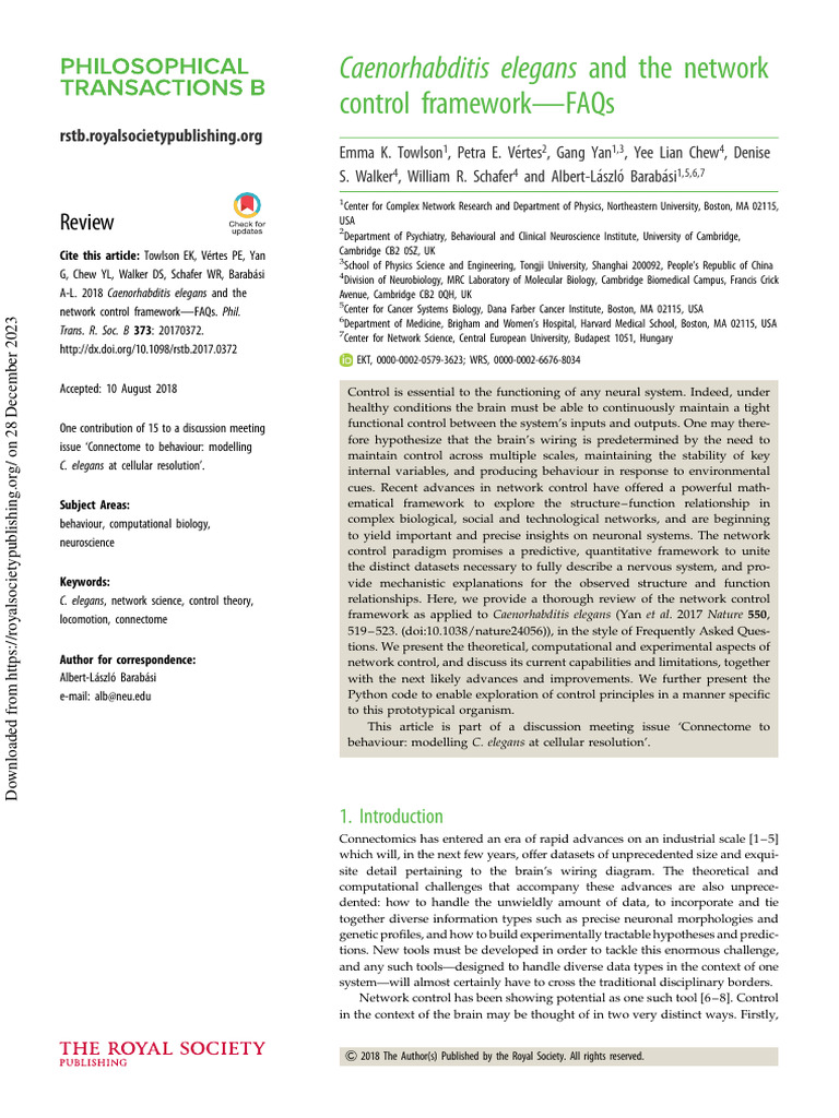 Towlson Et Al 2018 Caenorhabditis Elegans and The Network Control ...