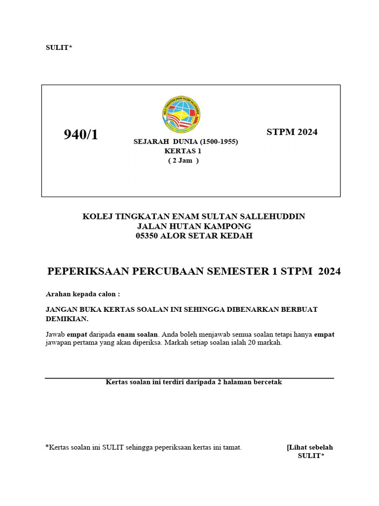 Pep. Perc Sej Sem 1 STPM 2024 | PDF
