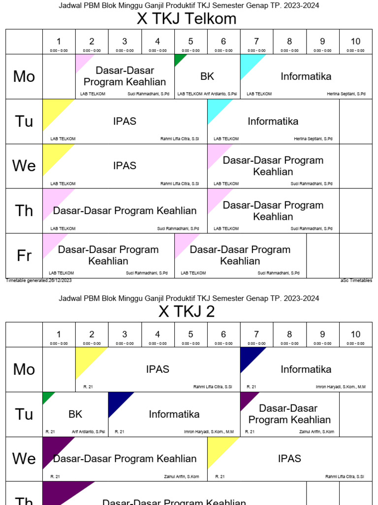 Jadwal KELAS Minggu Ganjil Mapel Produktif TKJ Semester Genap TP. 2023-2024 | PDF