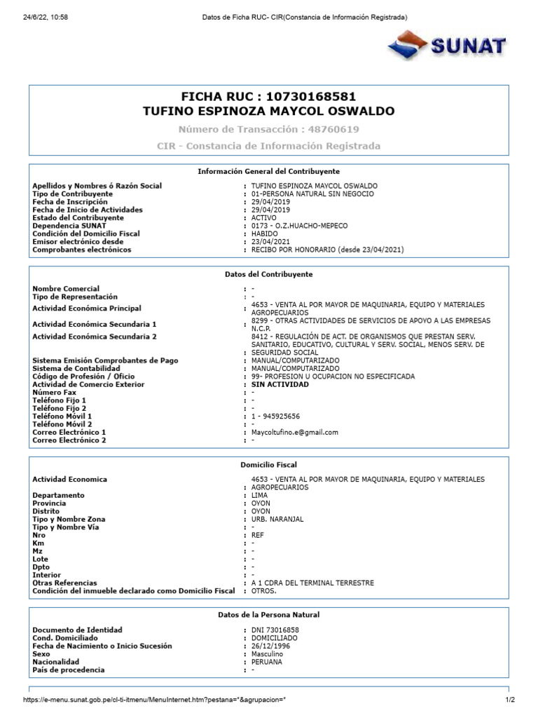 Ficha Ruc - Tufino Espinoza Maycol | PDF