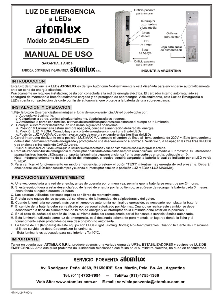MANUAL Luz de Emergencia A LED COMPACTA Atomlux Modelo2045 | Descargar gratis PDF | Diodo emisor ...