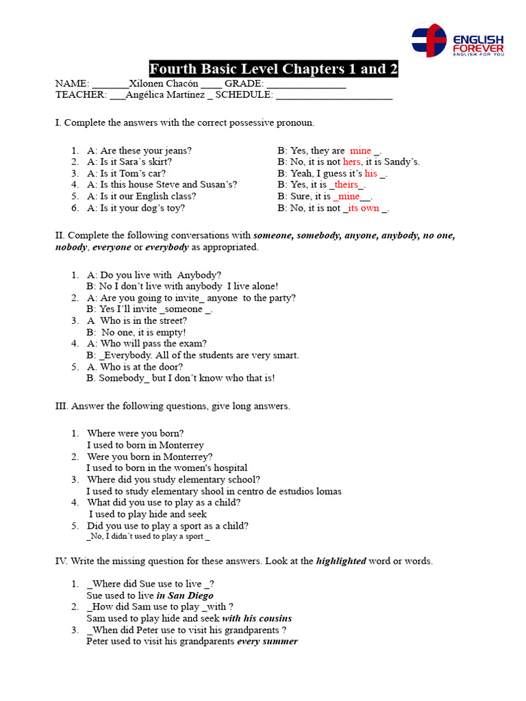 Fourth Basic Level English Exercises | PDF